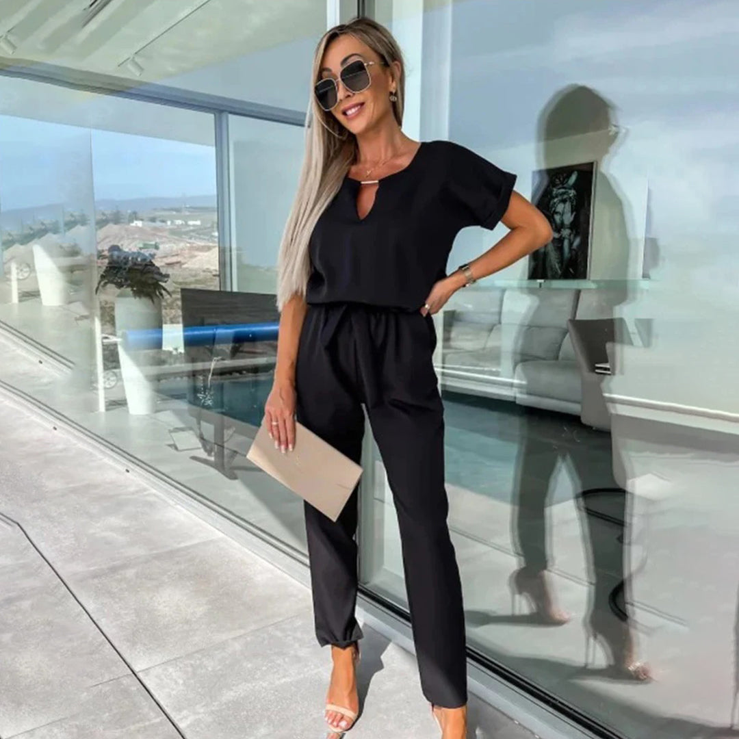 Women's Jumpsuit - Relaxed Fit - Short Sleeves - Keyhole Neckline - Fi ...