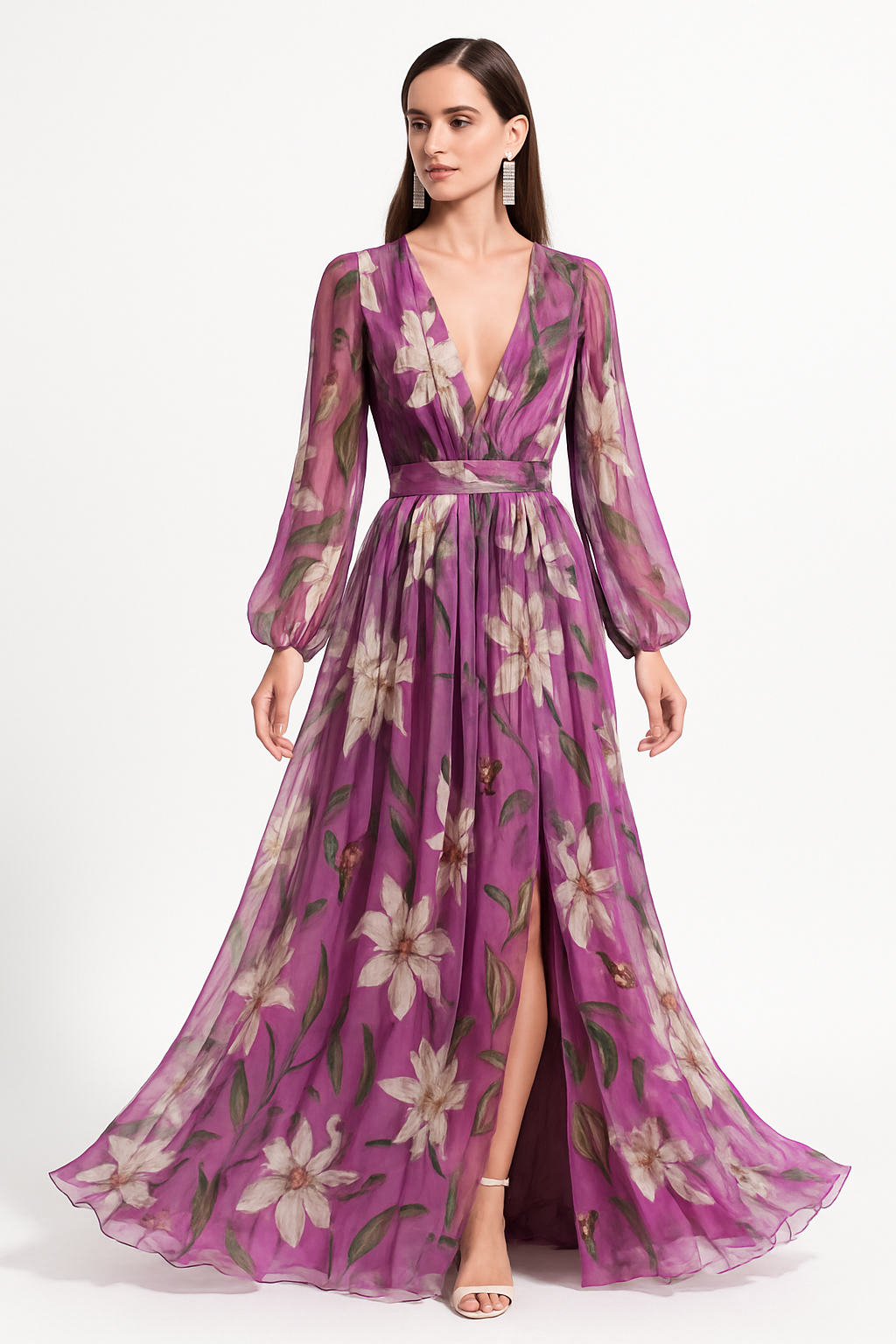 Women's Maxi Dress – Chiffon – V-Neck – Floral – Long Sleeves – Elegan ...