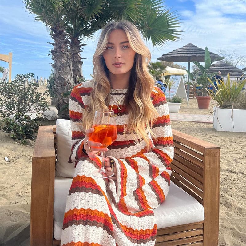 Women's Knitted Maxi Dress - Long-Sleeved - Round Neck - Comfortable a ...