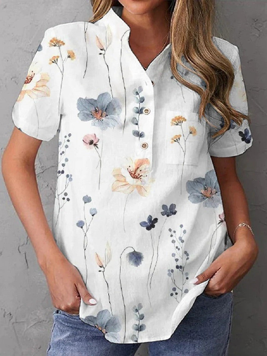 Women's Blouse – Floral Print – V-Neck – Short-Sleeved – Relaxed Fit ...