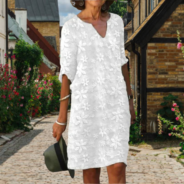 Dress for Women – Relaxed Fit – Knee-Length – V-Neck – Embroidered Flo ...